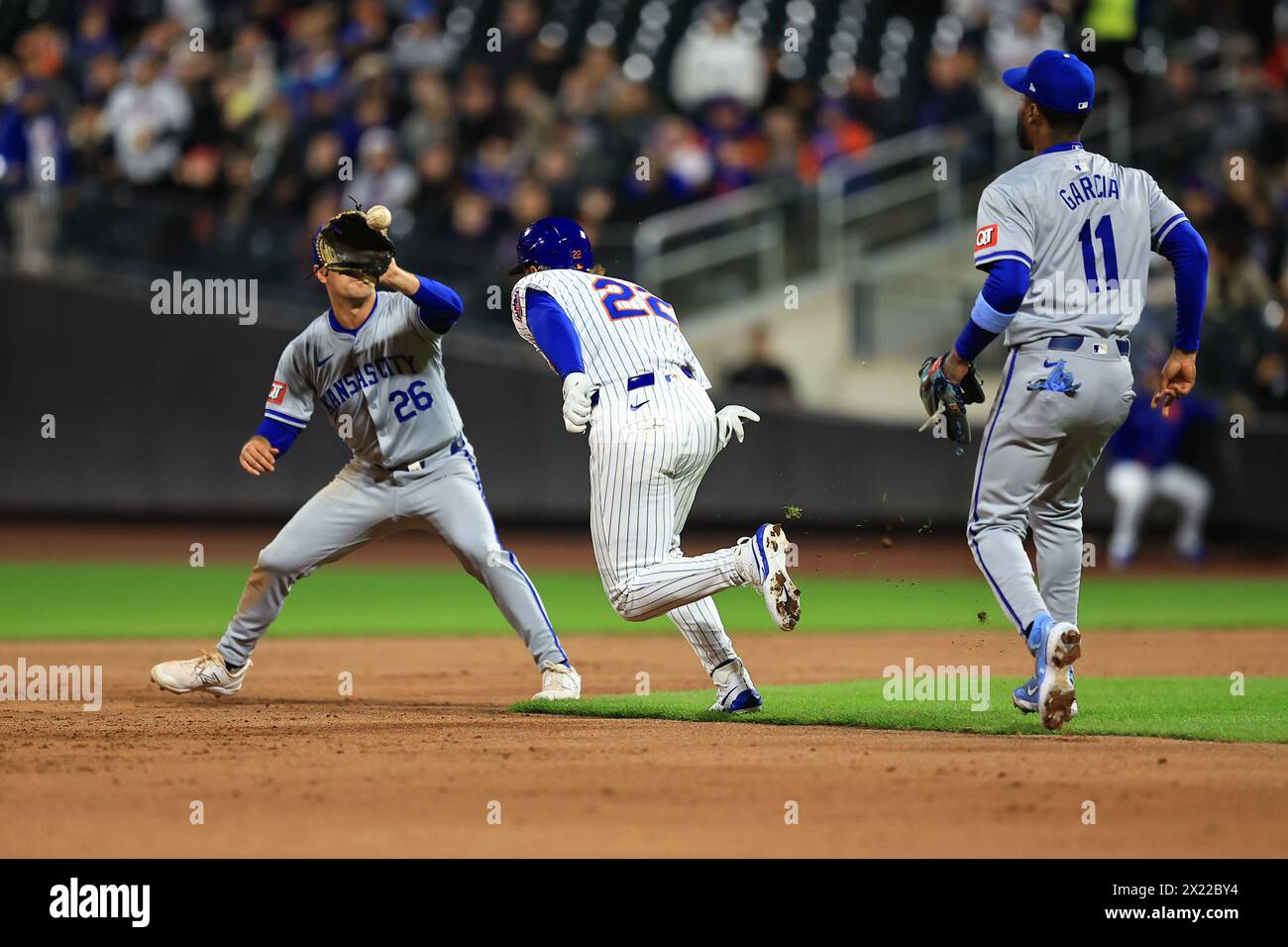 New York Mets baserunner Brett Baty #22 is caught in a rundown during ...