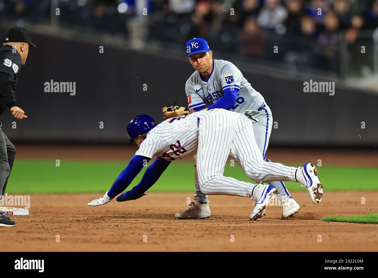 New York Mets baserunner Brett Baty #22 is caught in a rundown during ...