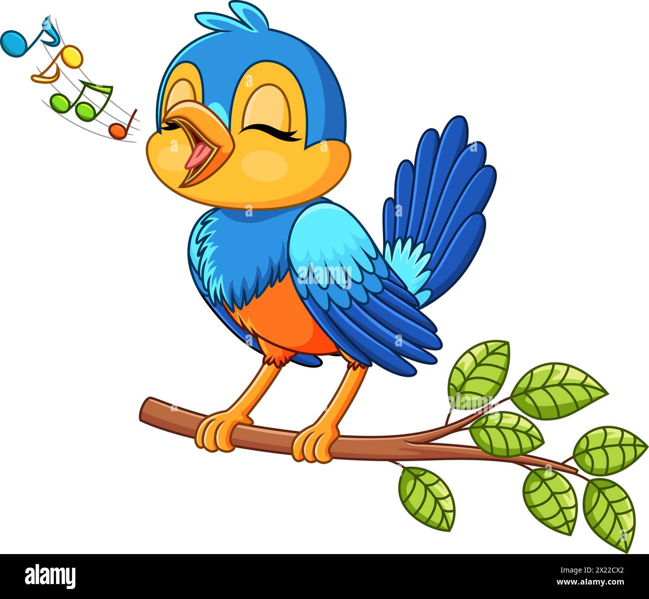 Cute bird singing on a tree branch on white background Stock Vector ...