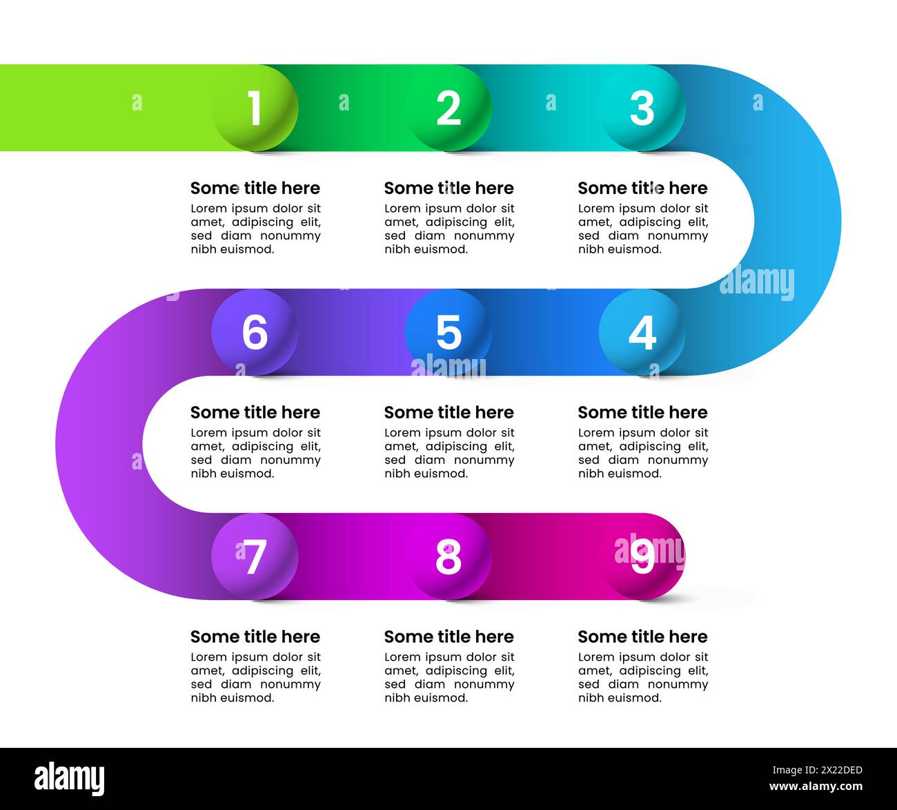 Infographic template with 9 options or steps. Balls on line. Can be ...