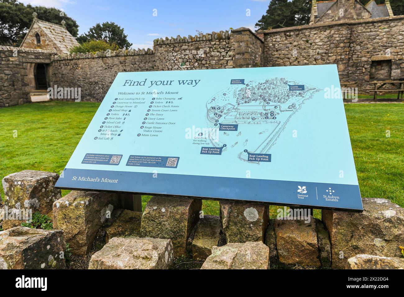 An information board and map at St Michael's Mount, a tidal island in ...