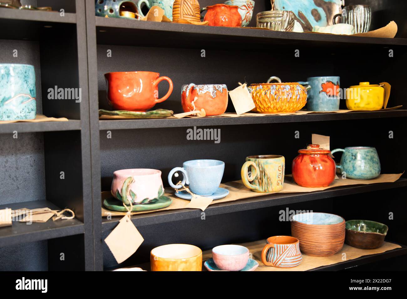 old vintage craft ceramic table ware on shelves Stock Photo - Alamy