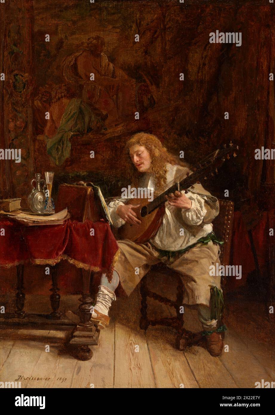 The Musician, 1859. A man in an elaborate costume plays a theorbo, a ...