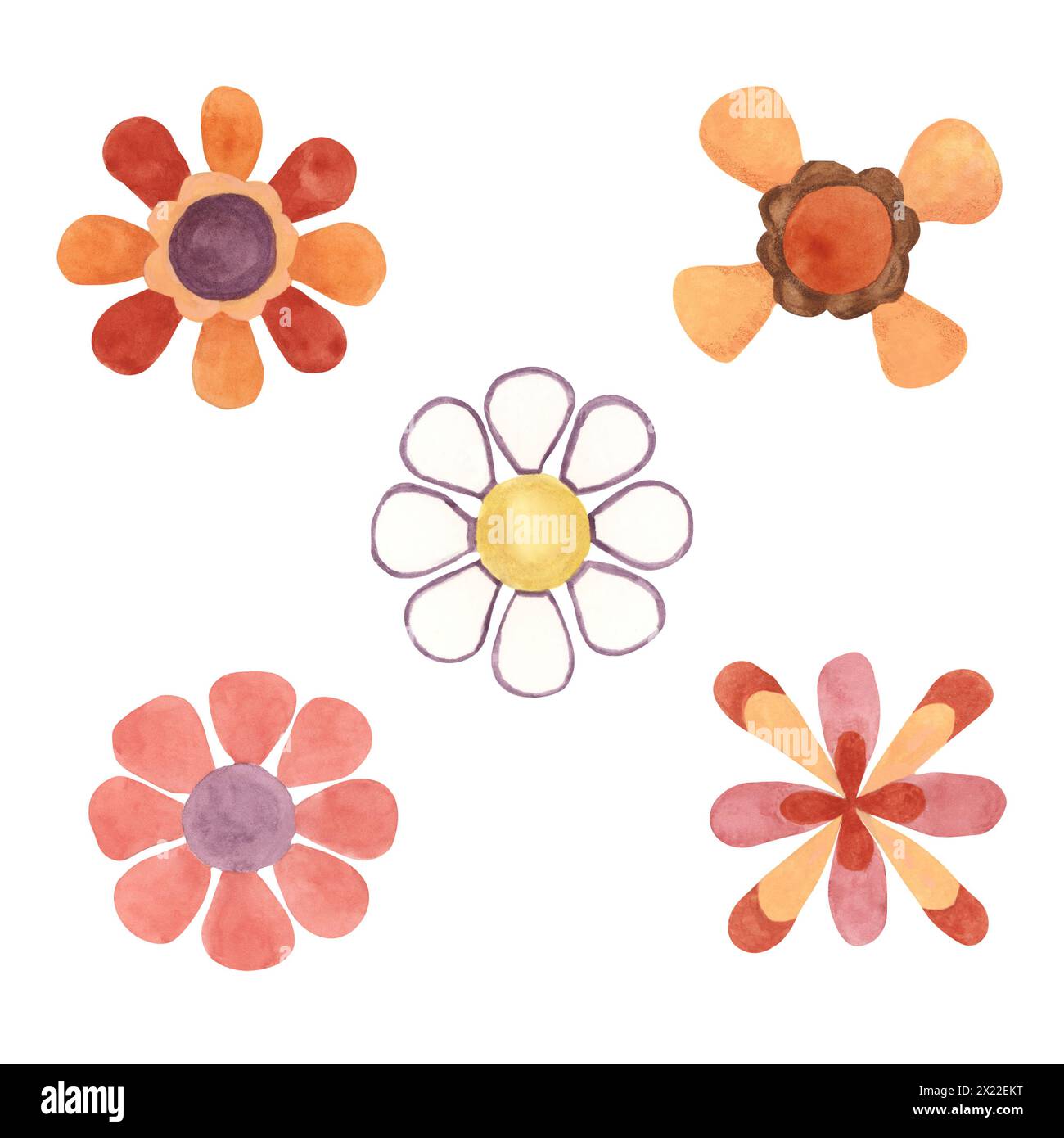 Retro flowers in minimalistic abstract 70s style. Hippie boho indie ...