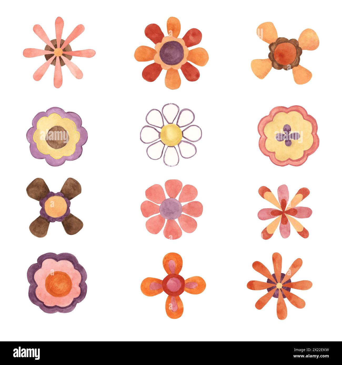 Retro flowers in minimalistic abstract 70s style. Hippie boho indie ...