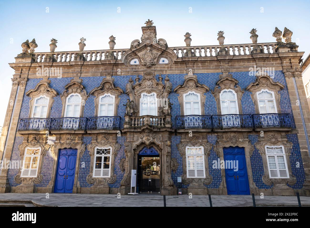 Facade of the Palace of Raio, old classic building decorated with blue ...