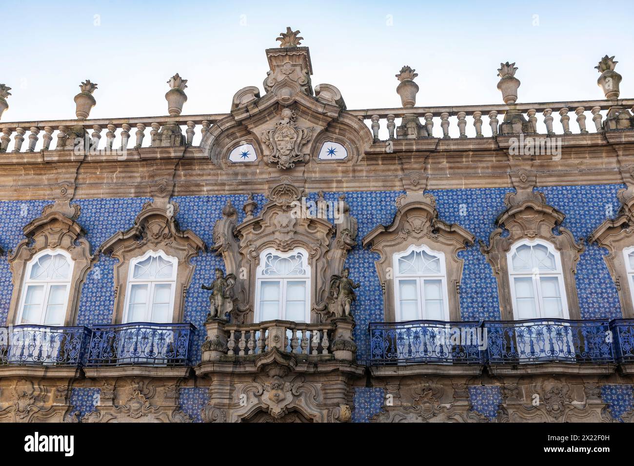 Facade of the Palace of Raio, old classic building decorated with blue ...