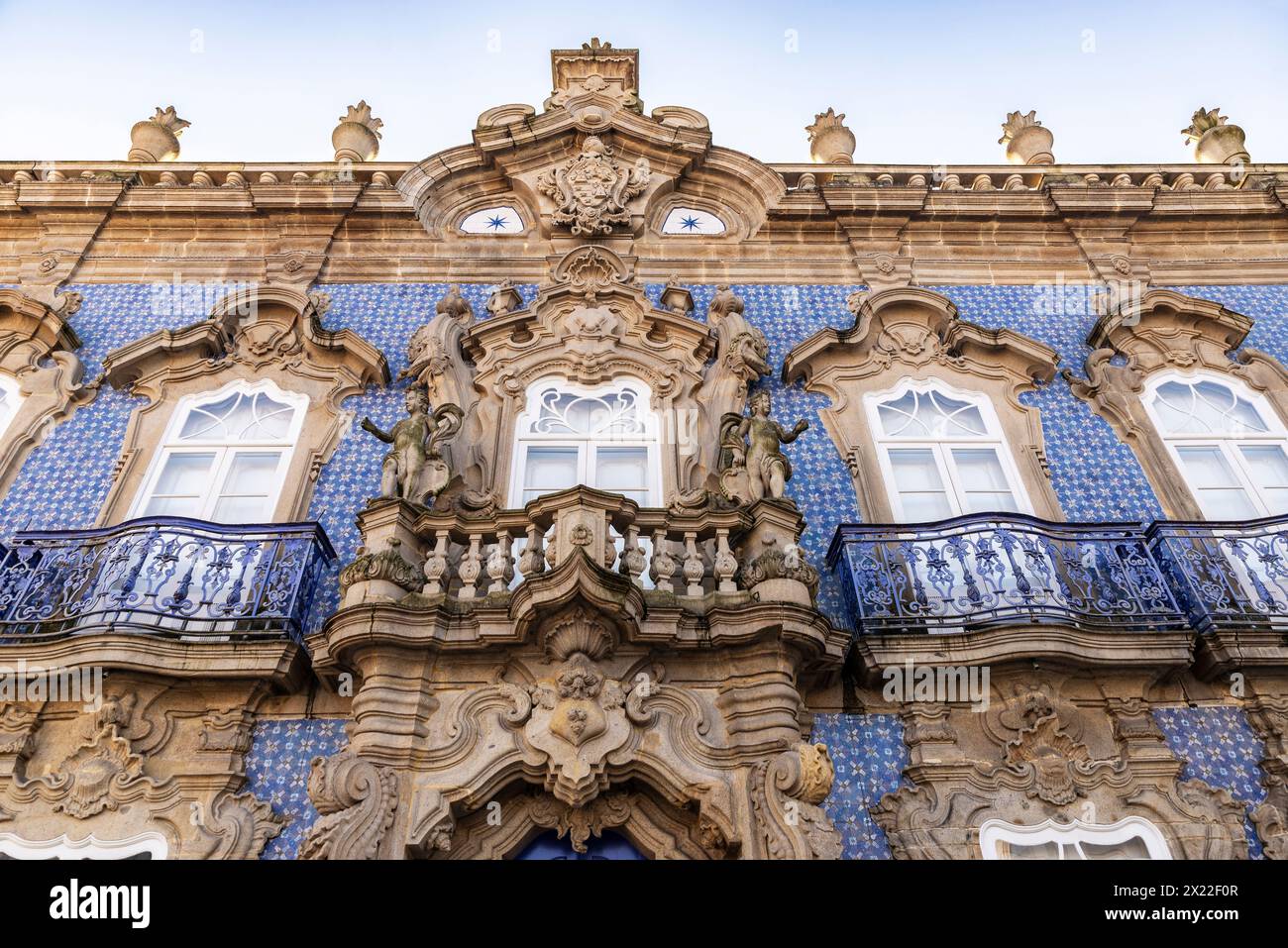 Facade of the Palace of Raio, old classic building decorated with blue ...