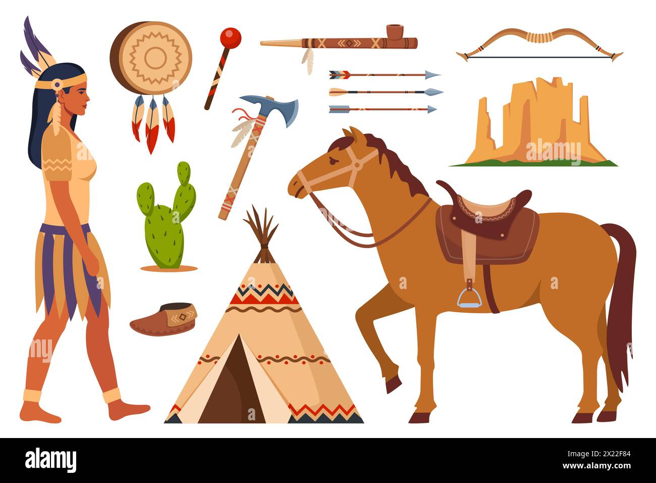 Native american indians and traditional clothes set, weapons and ...