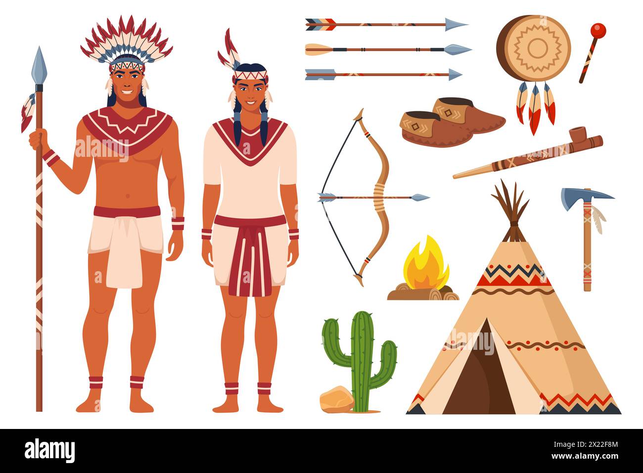 Native american indians and traditional clothes set, weapons and ...