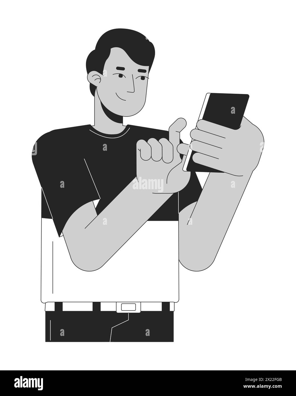 Happy indian man touching phone black and white 2D line cartoon ...