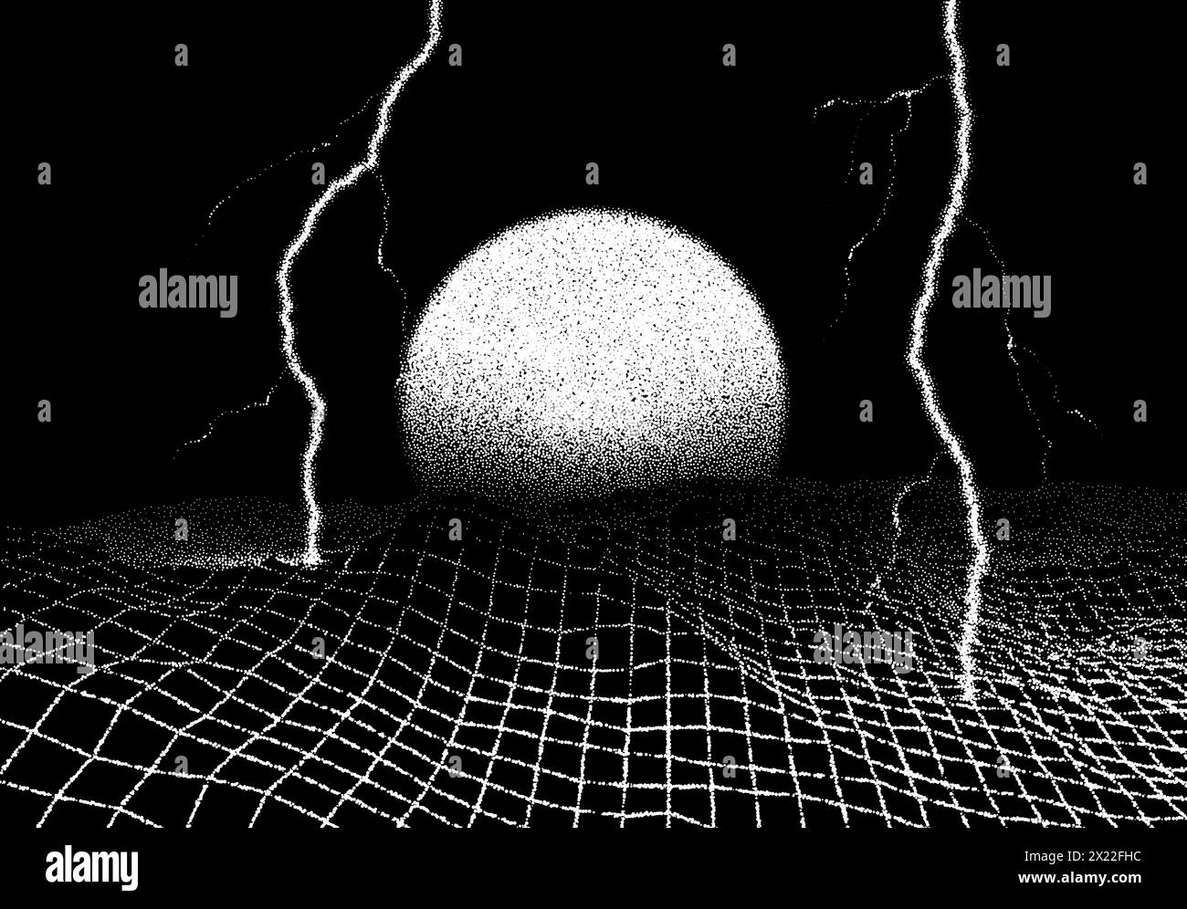 Space landscape with lightning strike in retro book style. Dotwork ...