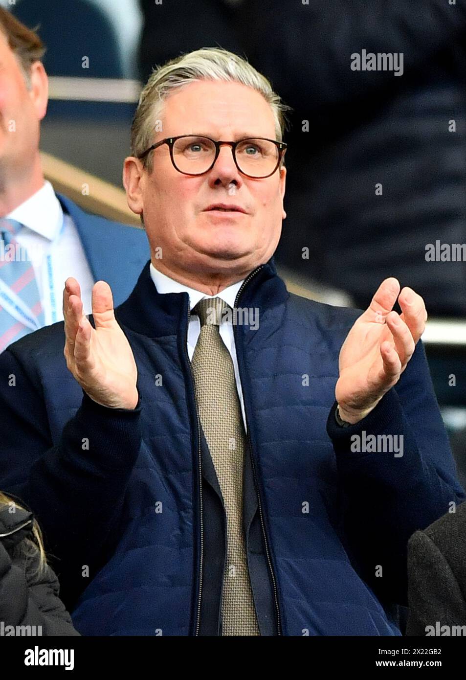 The Leader of the Labour Party Sir Kier Starmer is seen in the stands ...