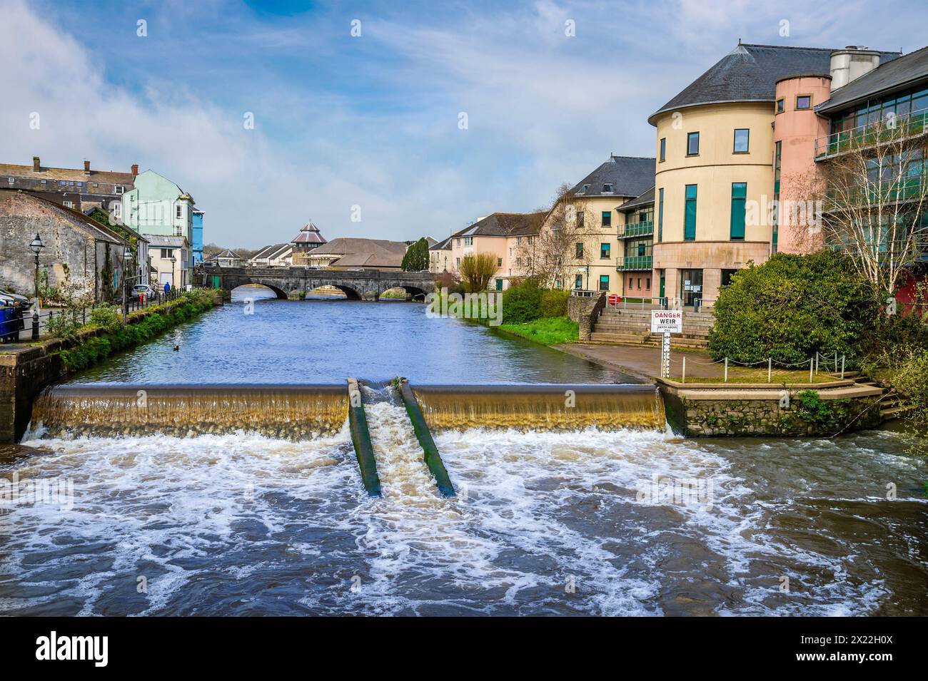 A view over the weir on the River Cleddau in Haverfordwest ...