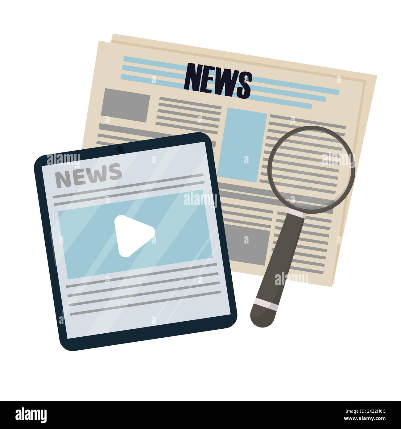 Newspaper, tablet with news and magnifier isolated on white background ...