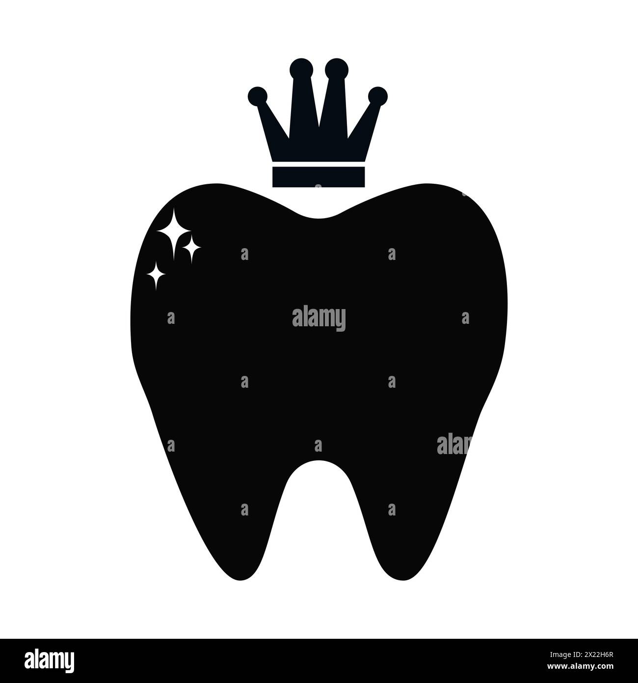 Creative tooth in black colour with crown isolated on white background ...