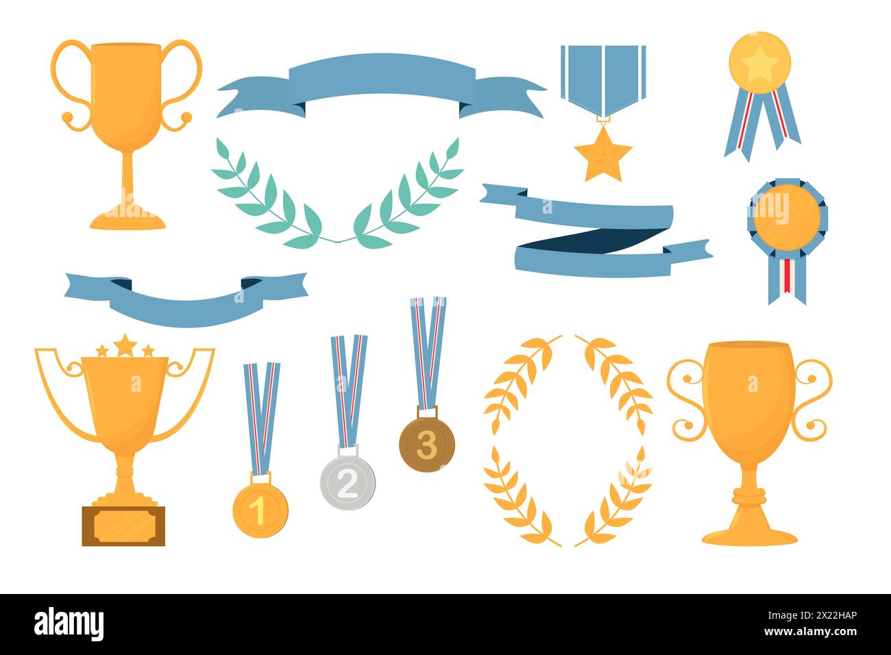 Set of champion trophy golden cups, medals, banner ribbons, honor ...