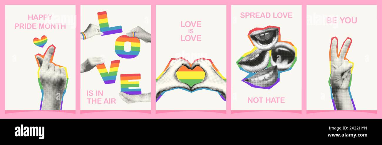 LGBTQ Pride month halftone collage banners set vector illustration ...