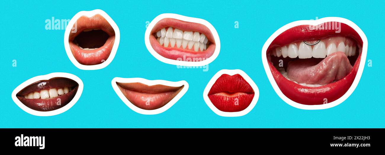 Contemporary art collage. Set of variety of female lips, mouths smiling ...