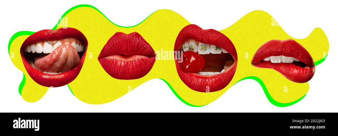 Contemporary art collage. Four colorful mouths. One bites with cherry ...