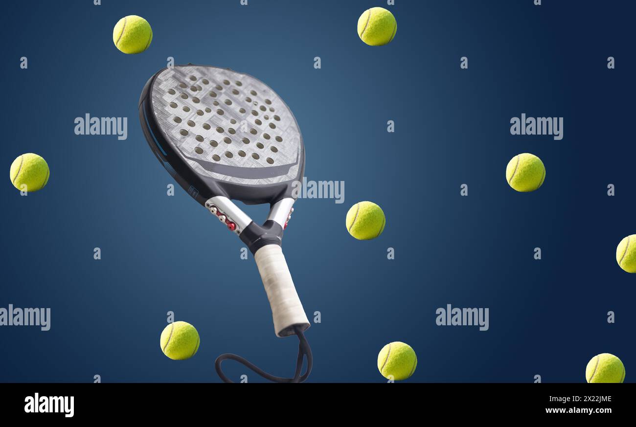 Detailed background of black and white padel racket and ball on black ...