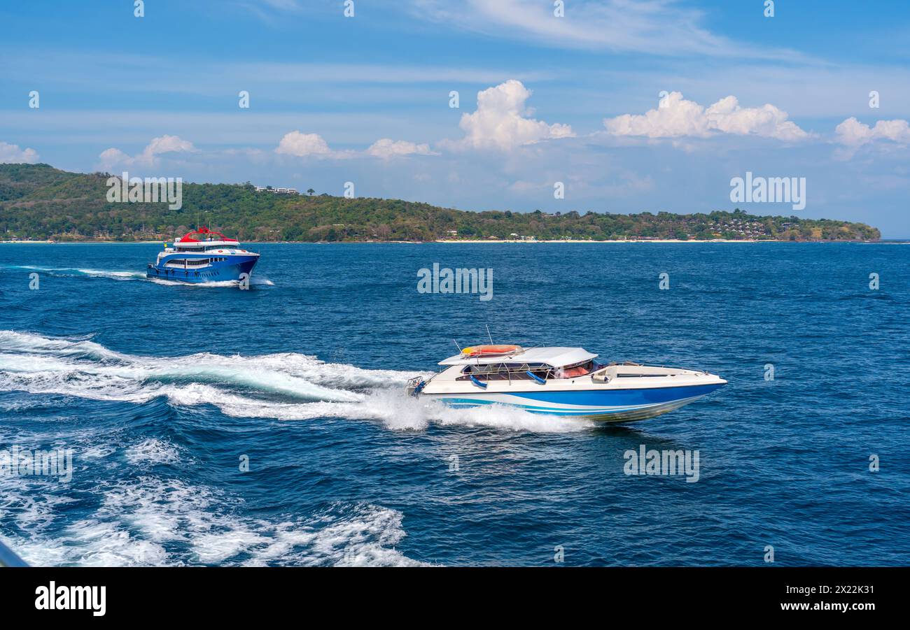 Aerial view of pair two ferryboats sailing to the blue sea. Drone view ...