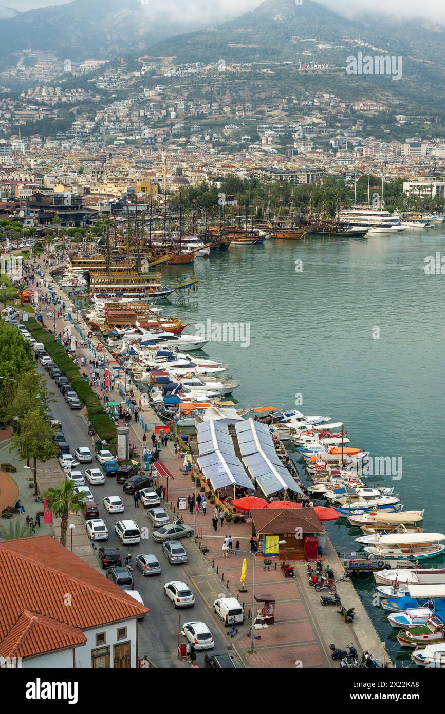 View of Alanya marina and walking path, one of the touristic districts ...