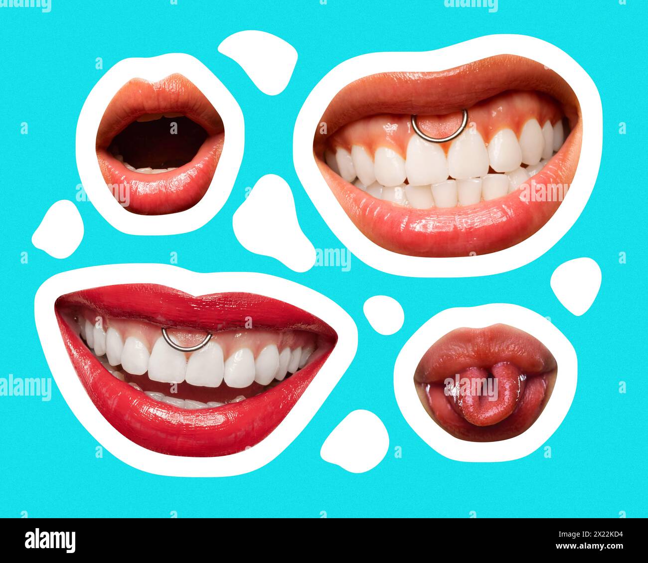 Contemporary art collage. Wide-opened mouths bursts with bright pink ...