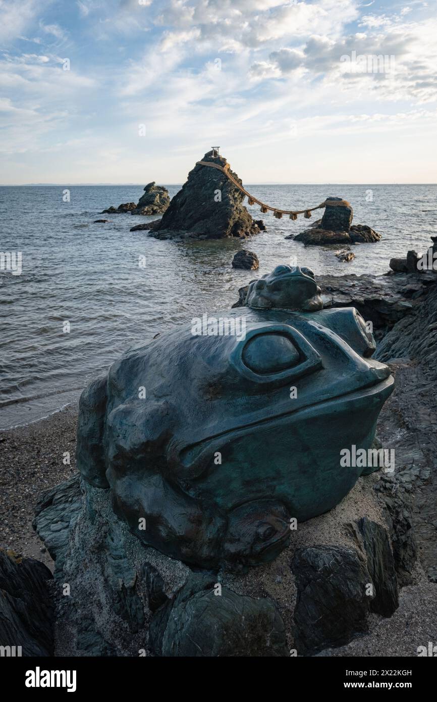 View of Meoto Iwa with frog sculptures in the foreground, Okitama ...