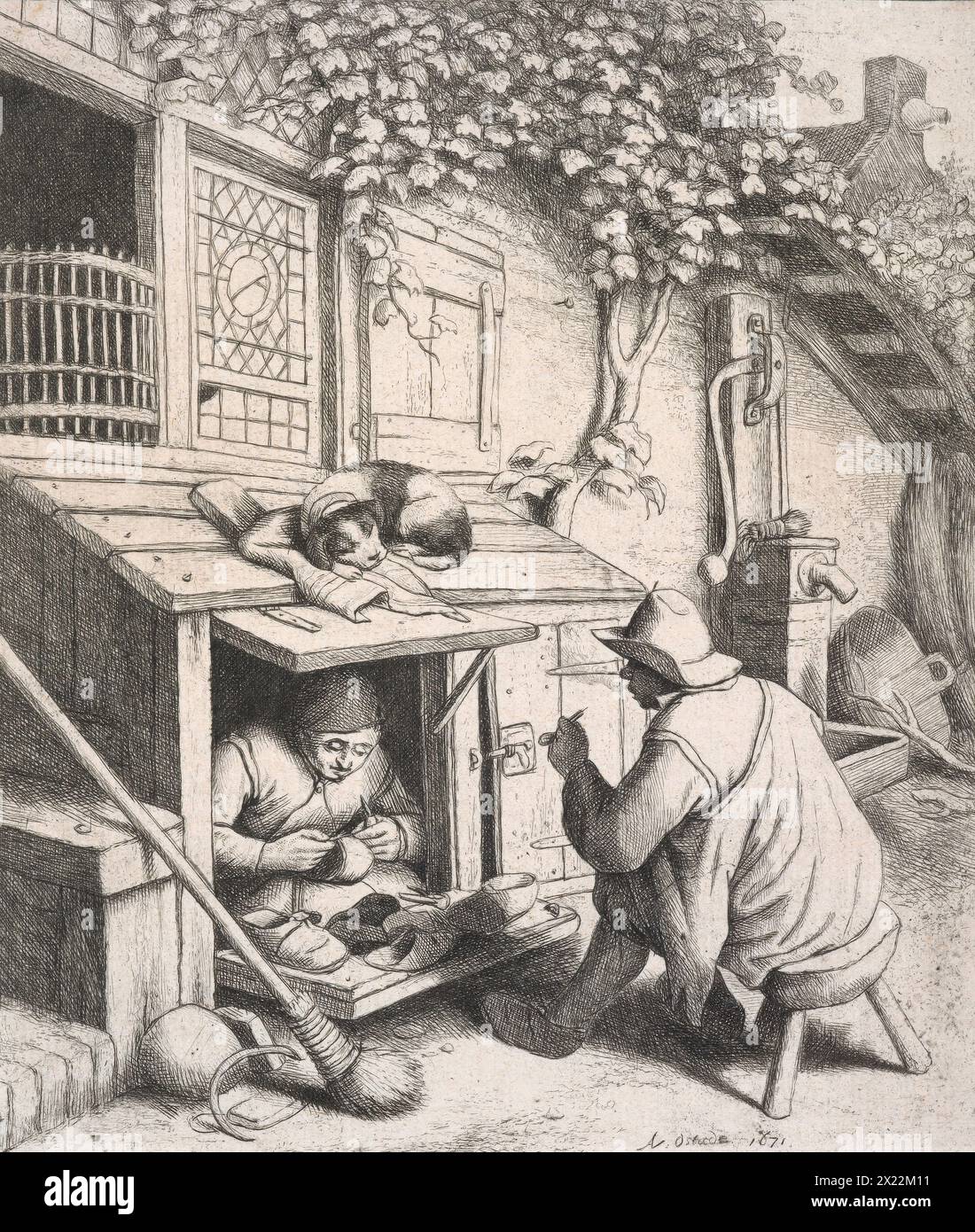 The cobbler, 1671. A peasant smoking a pipe as he talks in relaxed ...