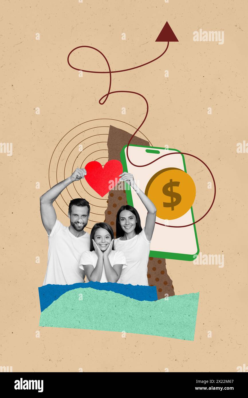 Creative poster collage of happy family heart donate device screen ...