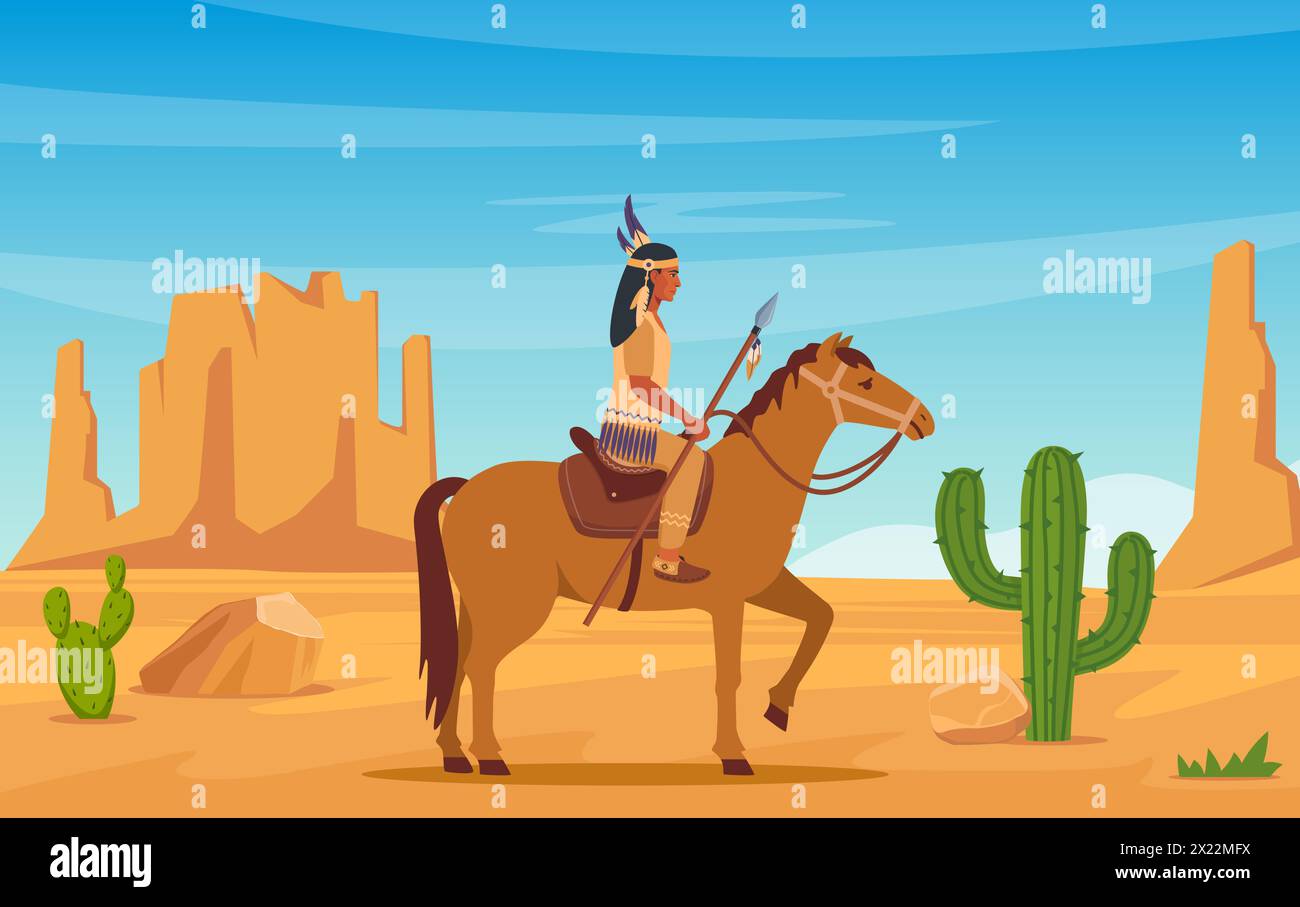 Native american indian warrior with a spear riding horse. Landscape ...
