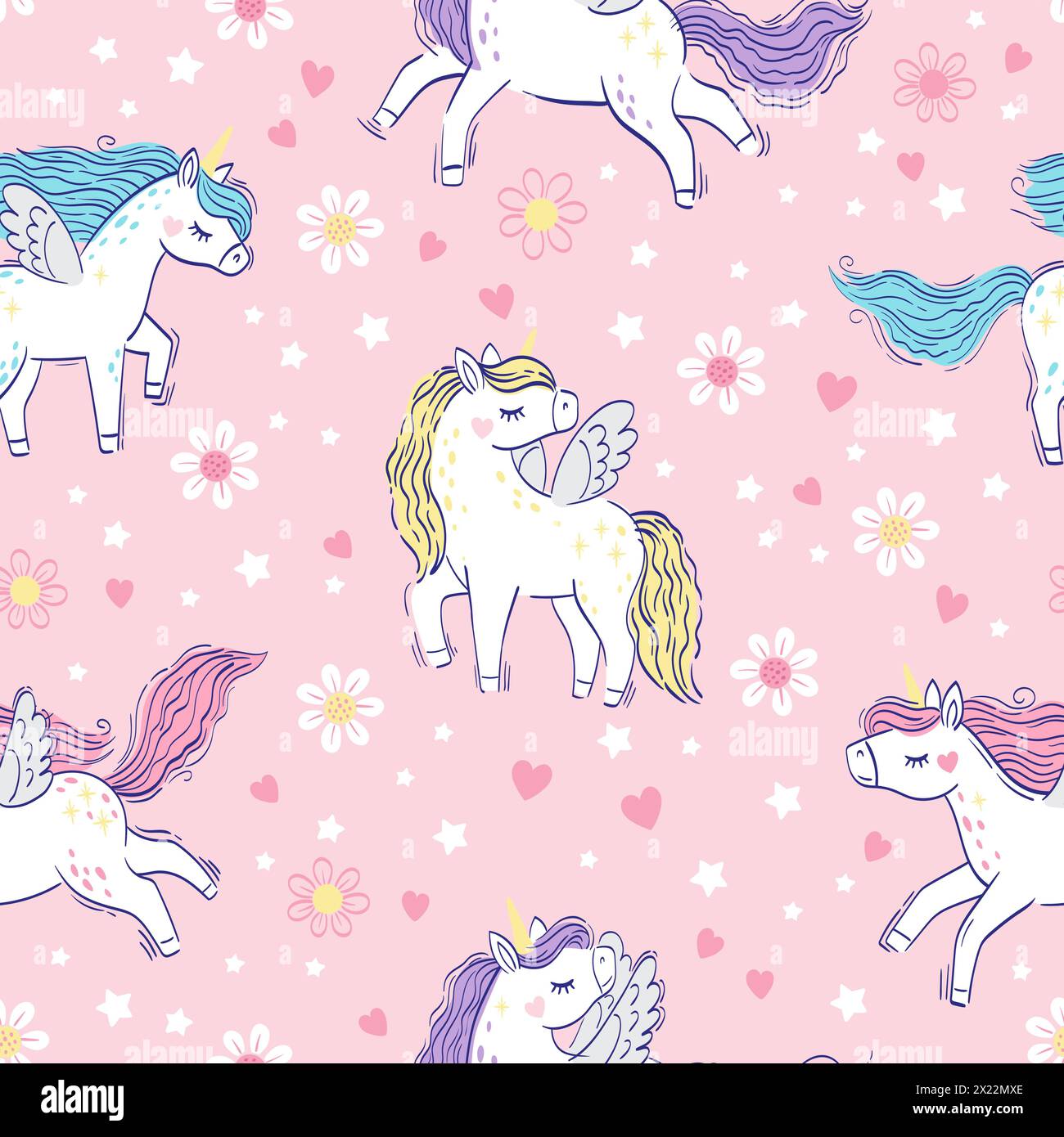 White unicorn with bright colors mane and tail. Vector seamless pattern with cute unicorns on a ...