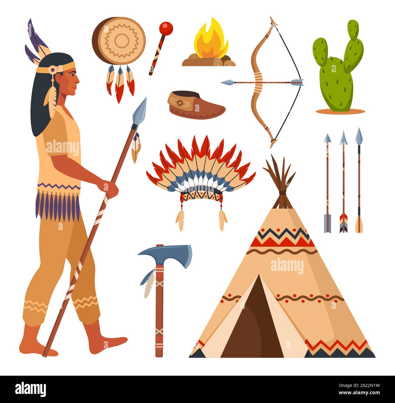 Native American Indians And Traditional Clothes Set Weapons And