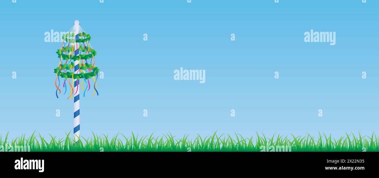 maypole with colorful ribbons on green meadow vector illustration Stock ...