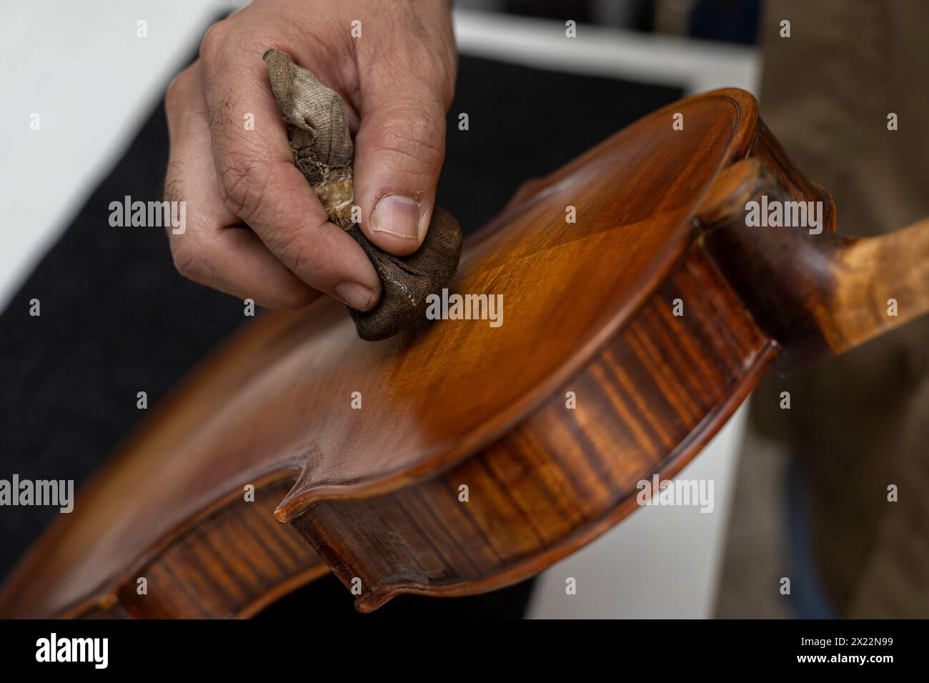 Close-up of unrecognizable Latin American Luthier varnishes a violin ...