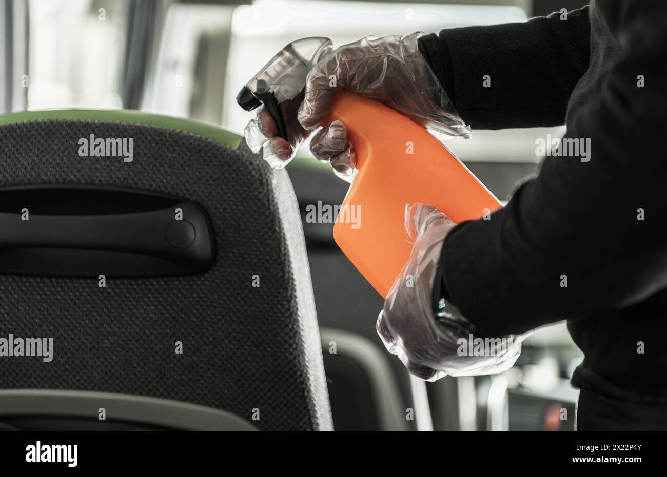 Coach Bus Owner Sanitizing and Cleaning Vehicle Seats Close Up Photo ...