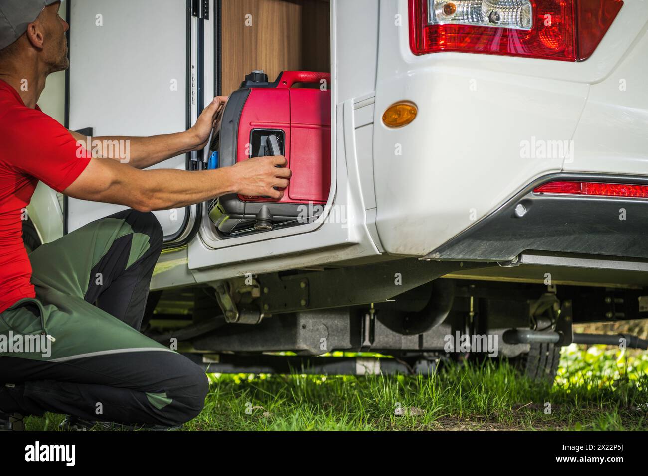 Preparing Electricity Generator While Dry Camping. Summer RV Road Trip ...