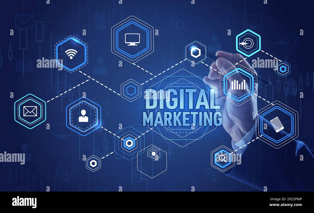 Digital marketing. Businessman touching virtual screen with icons ... Digital marketing. Businessman touching virtual screen with icons ...