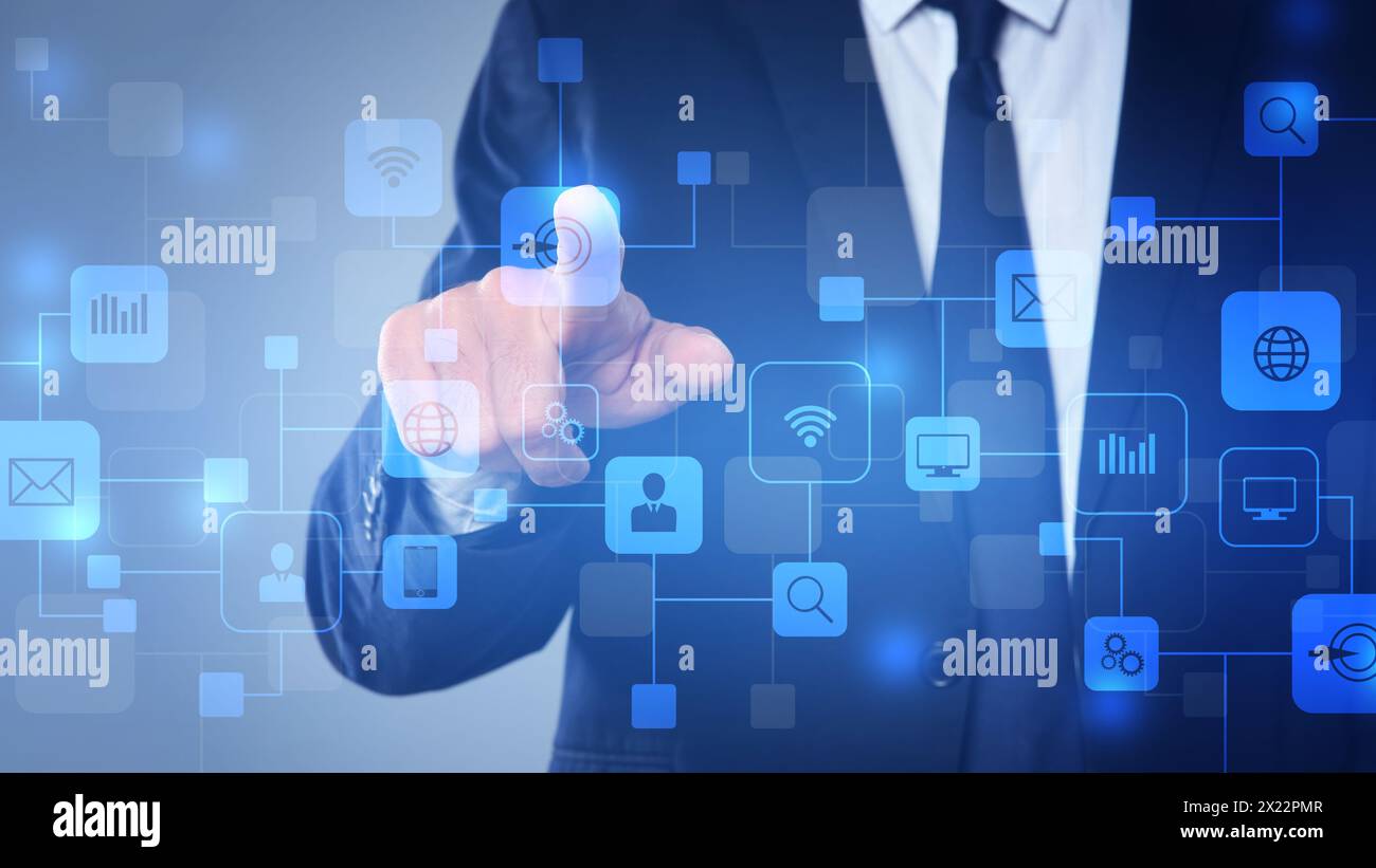 Digital marketing. Businessman touching virtual screen with icons ...