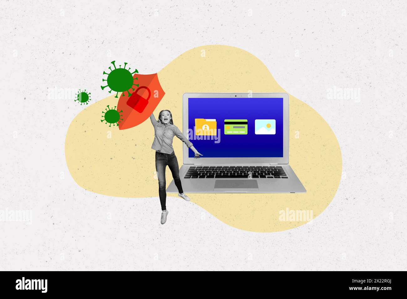 Composite collage picture of mini black white colors girl antivirus ...