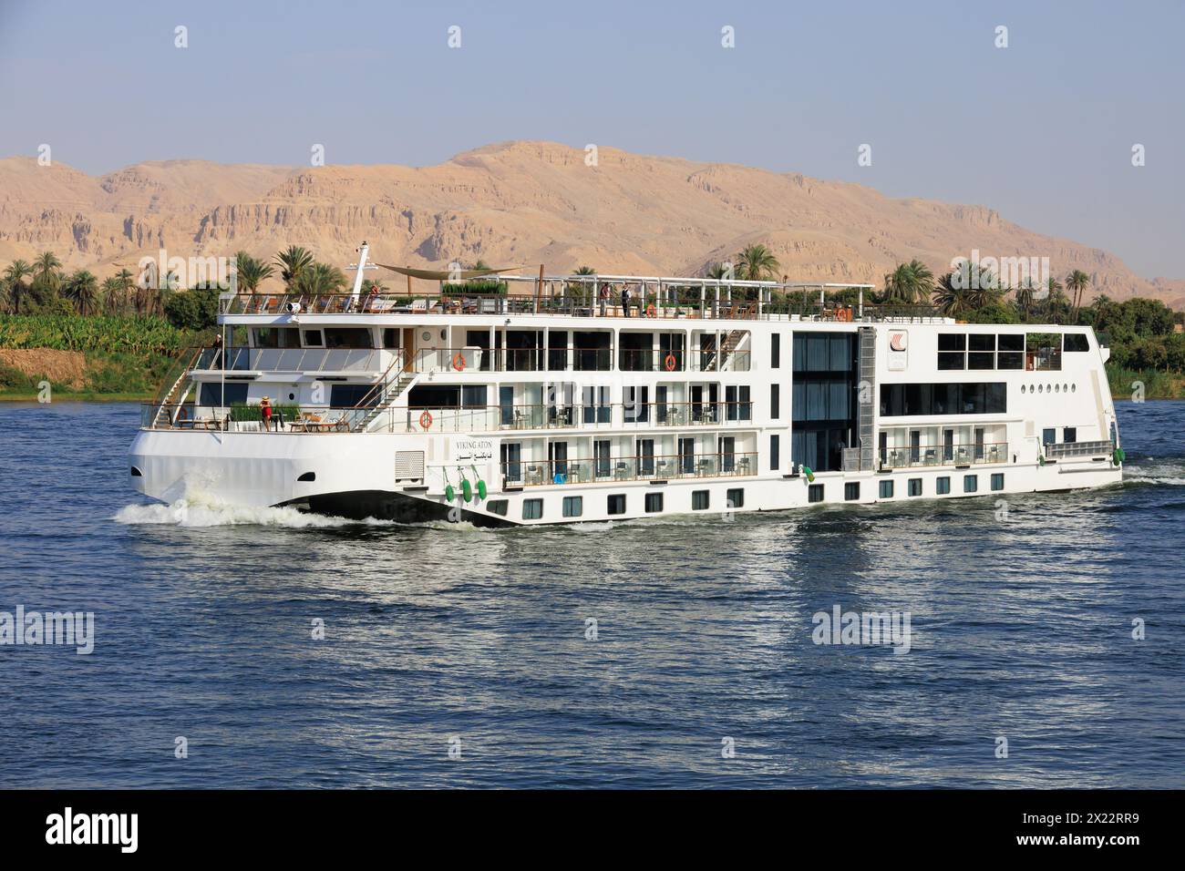 Nile River cruise ship, Viking Aton, on the River Nile, Aswan, Egypt ...