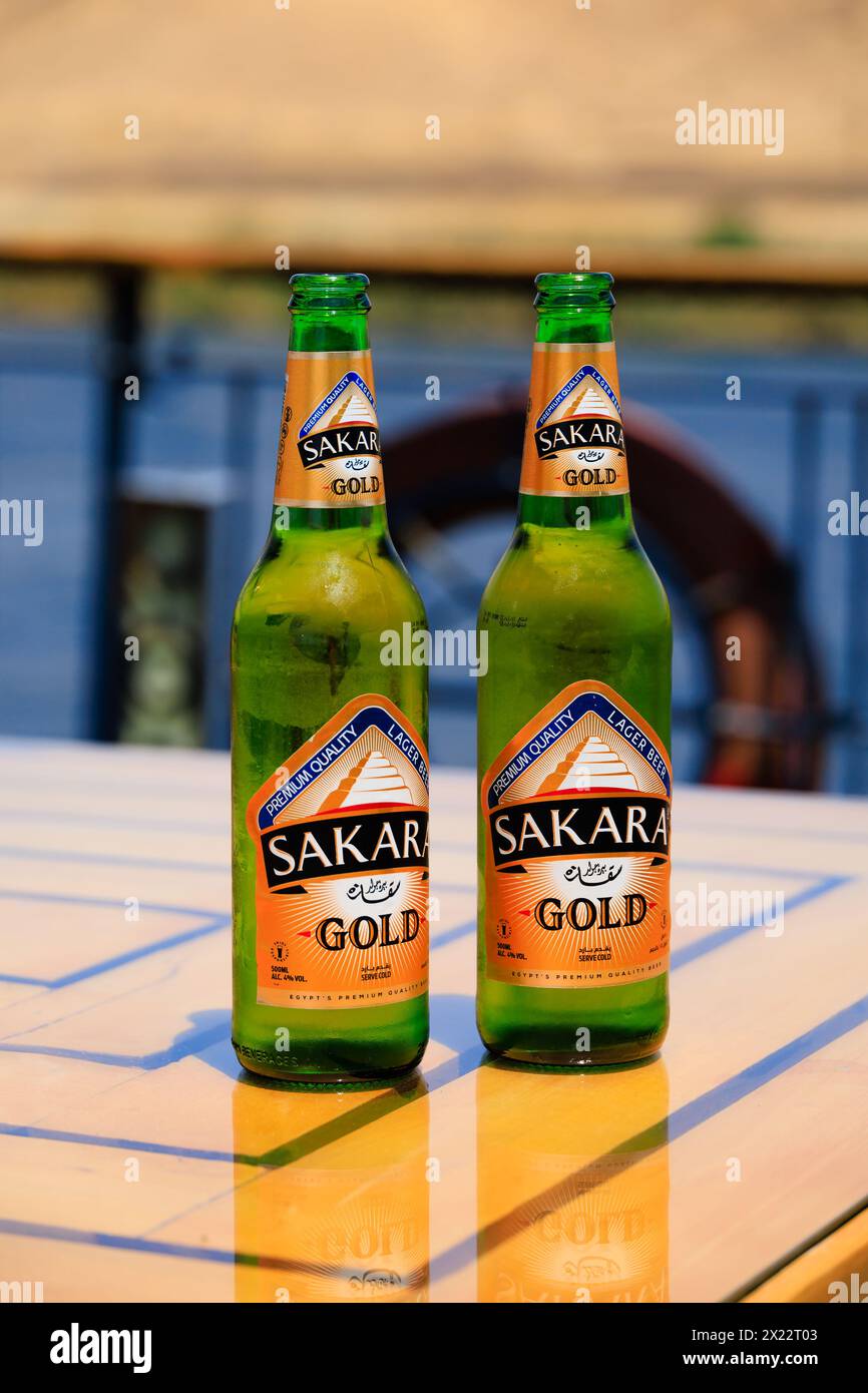 Egyptian brewed lager beer, Sakara Gold, in green bottles. Egypt Stock ...