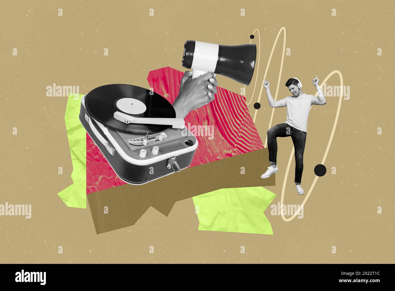 Creative collage picture young dancing man rhythm headphones stereo ...