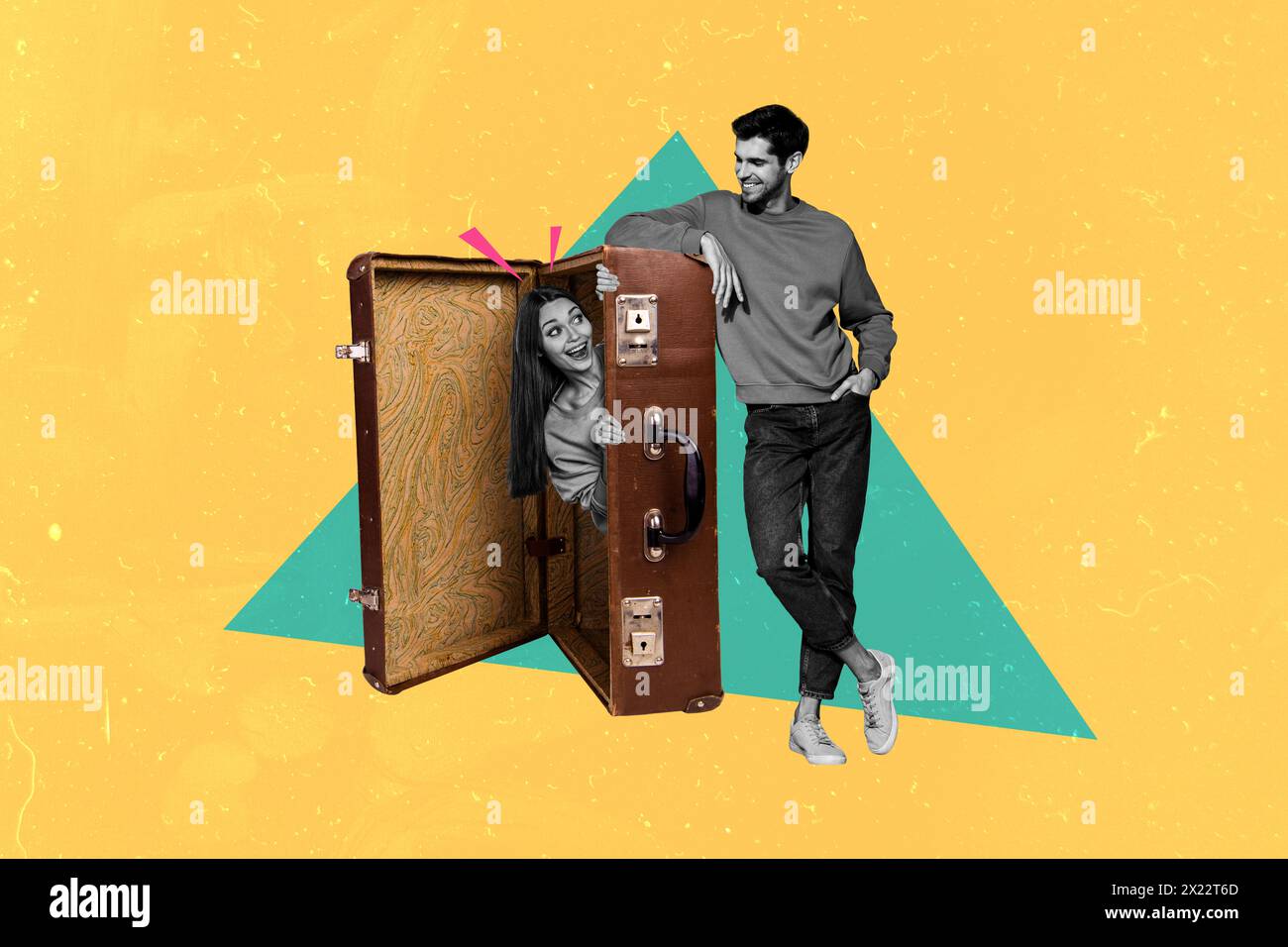 Composite trend artwork photo collage of young lady sit in huge baggage ...