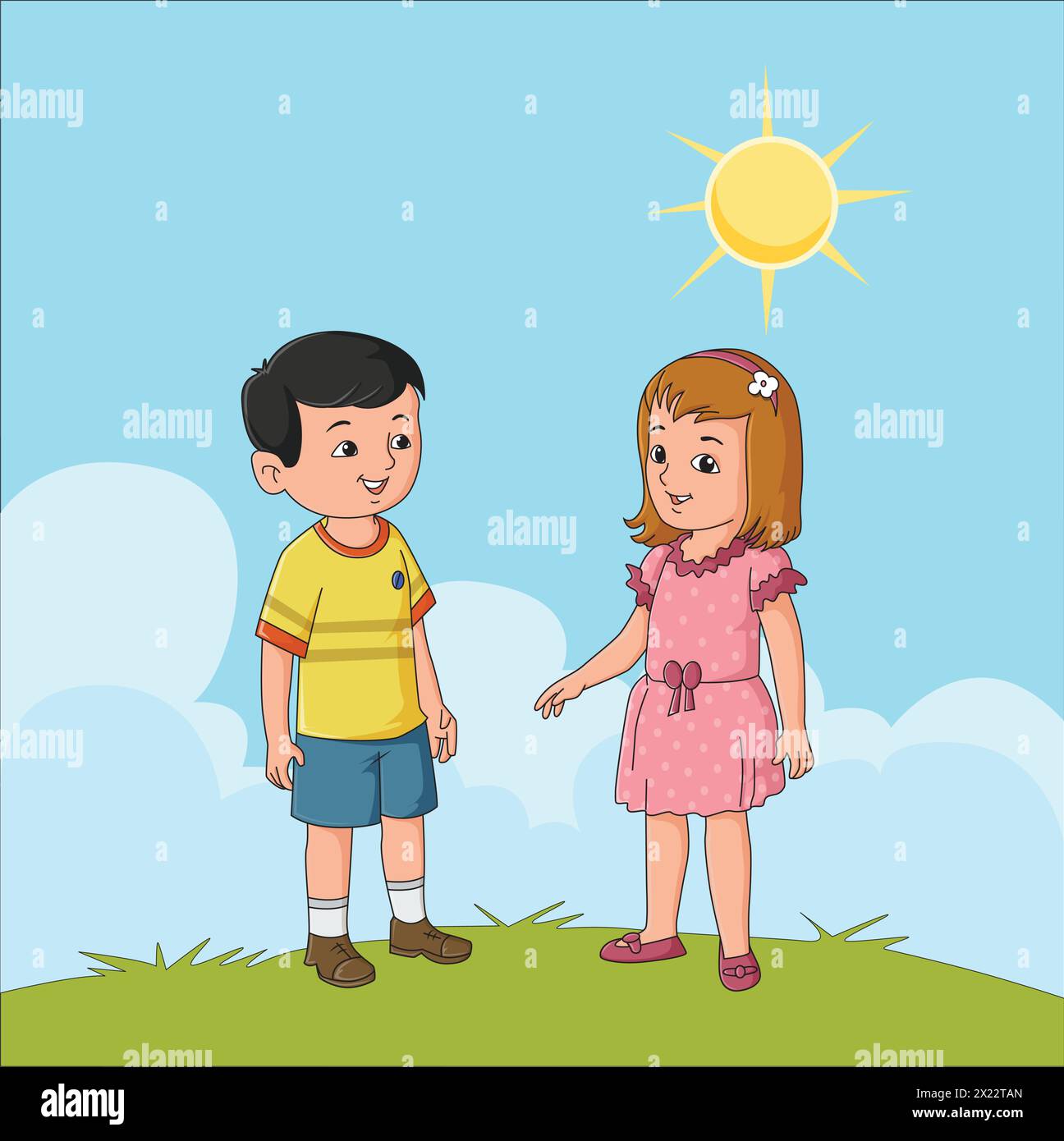 Cute girl and boy talking to each other under the shining sun vector ...