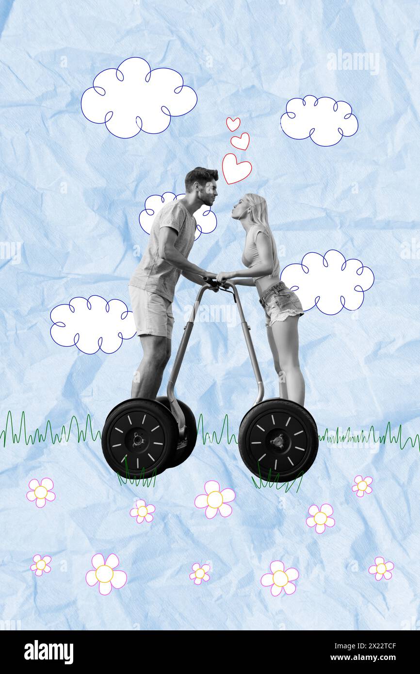 Creative trend collage of cute couple spend time together have fun ride ...
