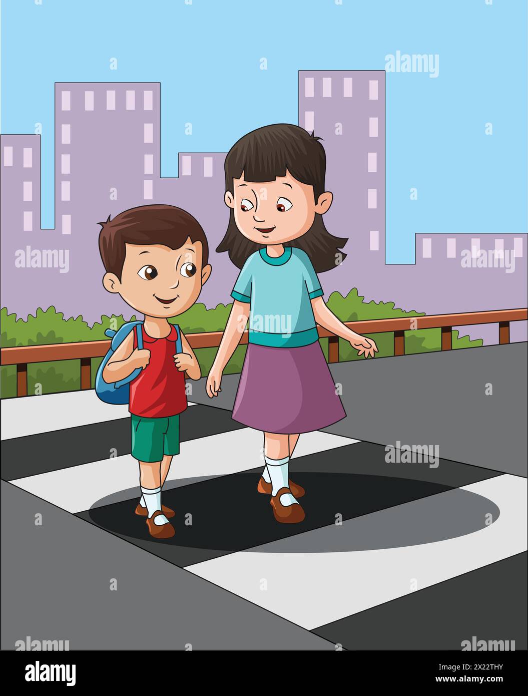 Vector cute girl and boy walking on the footpath vector illustration ...