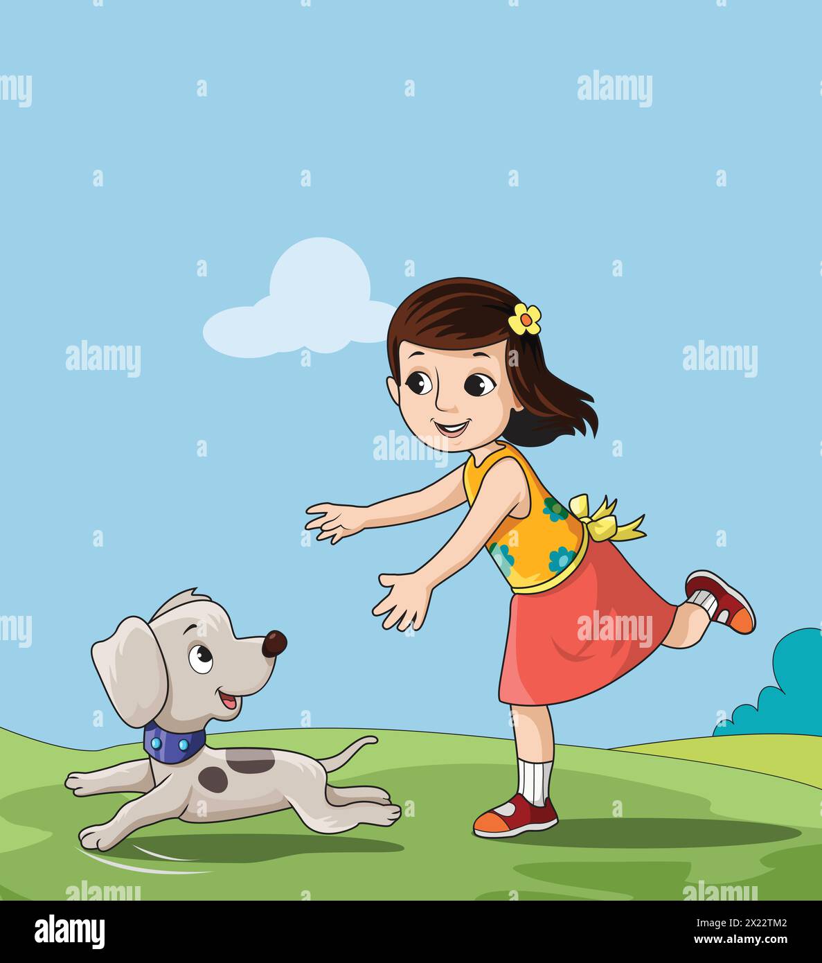 Cute girl running behind her dog and smiling vector illustration Stock ...