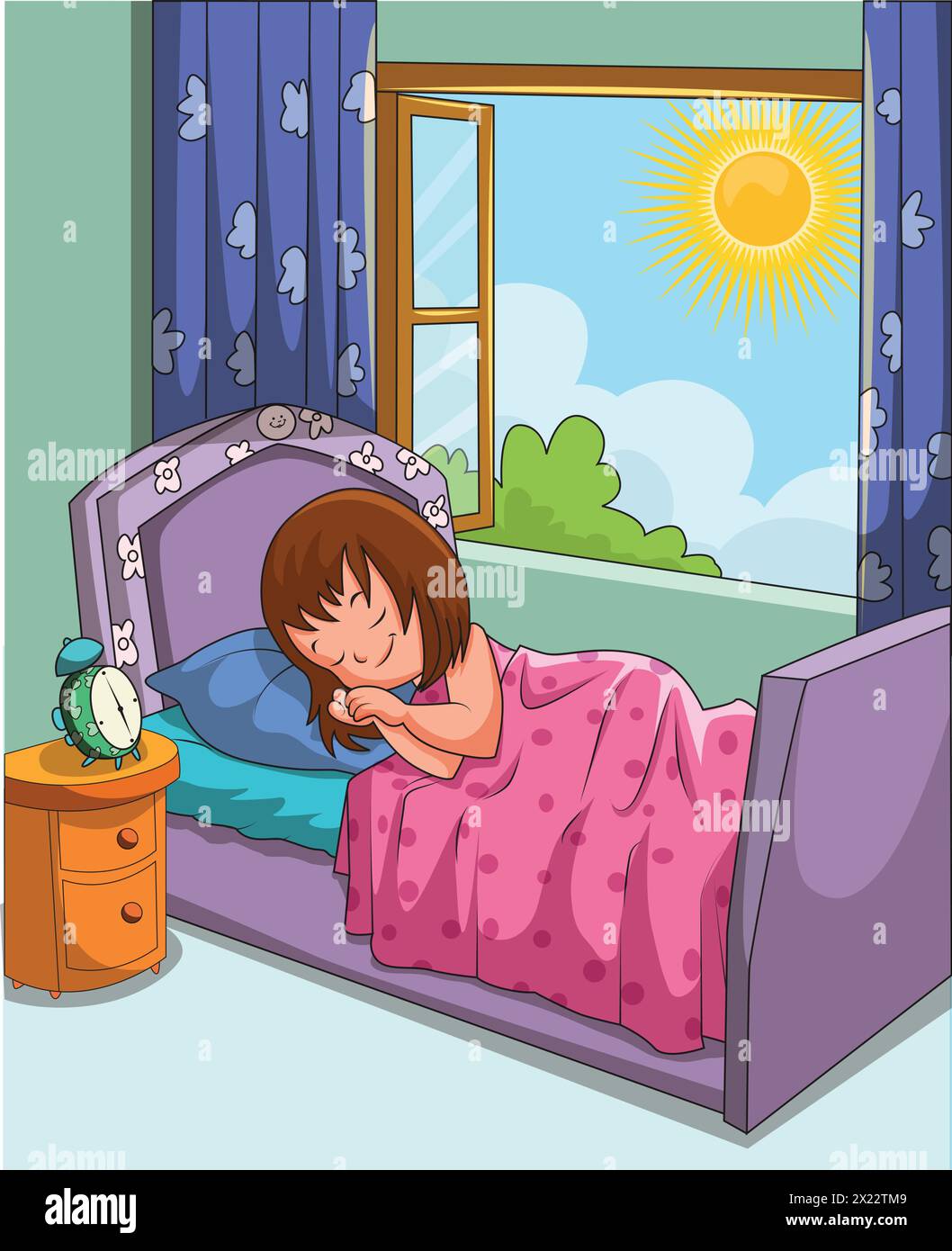 Cute girl sleeping and sun shining brightly vector illustration Stock ...